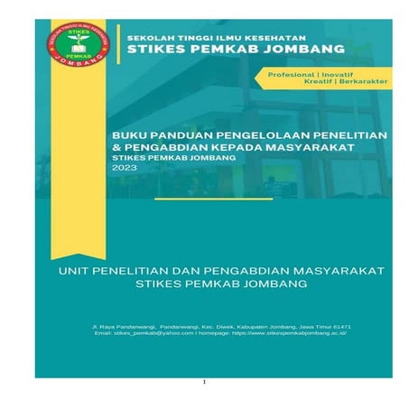 BUKU PANDUAN PENGELOLAAN PENELITIAN DAN PKM STIKES PEMKAB 2023.pdf