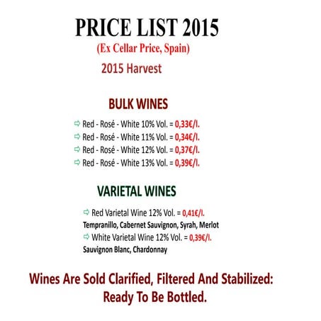 Bulk Wine Price List Harvest 2015 Spain | PPT