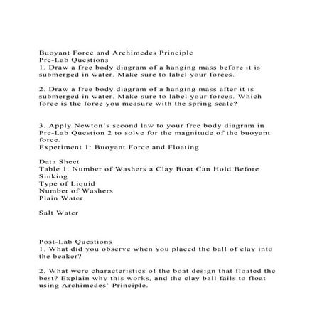 Buoyant Force and Archimedes PrinciplePre-Lab Questions1. Dr.docx