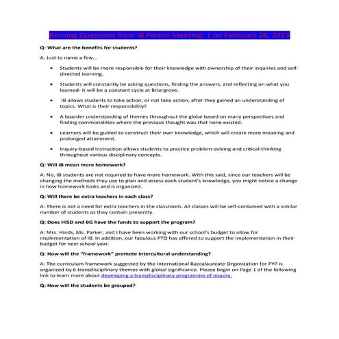 Burning Questions from IB Parent Meeting #1 | PDF