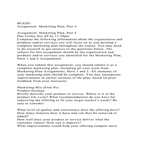 BUS201Assignment Marketing Plan, Part 4Assignment Market.docx
