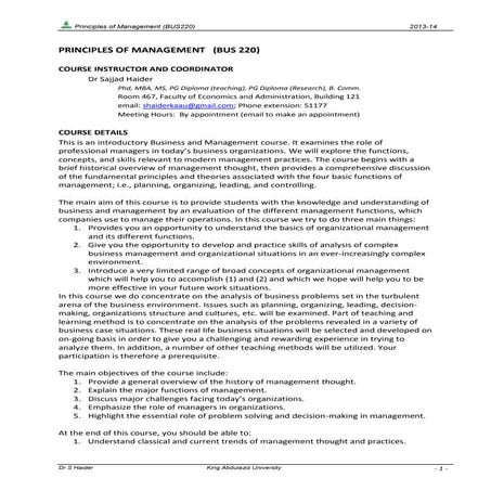 Principles of management (course outline) | DOCX