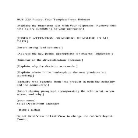 BUS 225 Project Four TemplatePress Release(Replace the bracket | DOCX