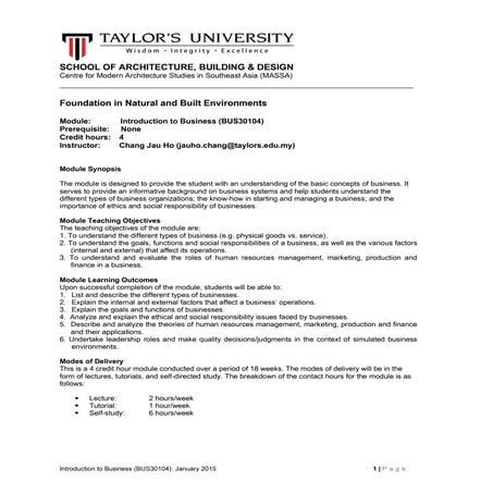 Introduction To Business Course Outline | PDF