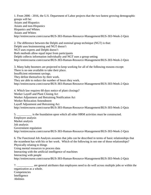 BUS 303 Week 1 Quiz (Human Resource Management - entirecourse.com) | PDF