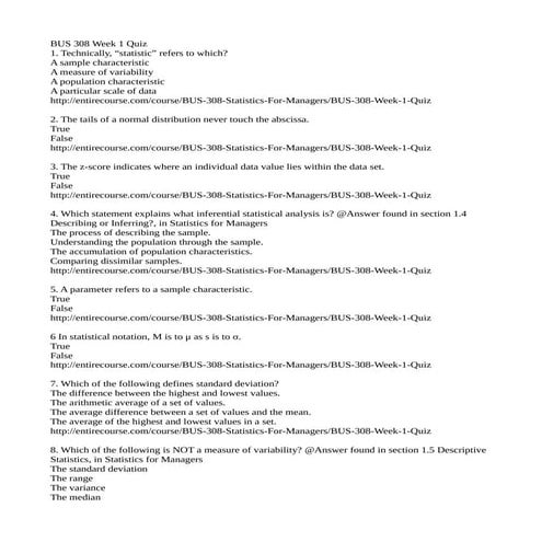 BUS 308 Week 1 Quiz (Statistics For Managers - entirecourse.com) | PDF