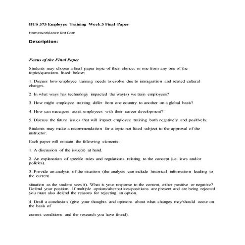 Bus 375 employee training week 5 final paper | DOCX