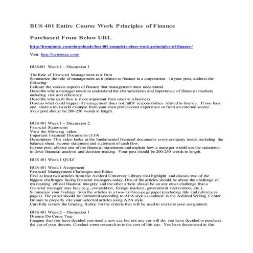 Bus 401 entire course work principles of finance | DOCX