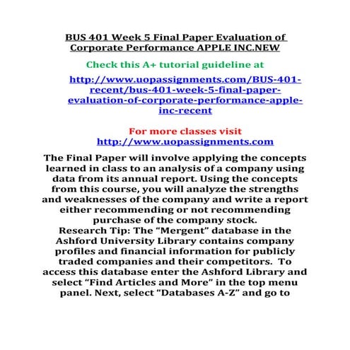 Bus 401 week 5 final paper evaluation of corporate performance apple ...