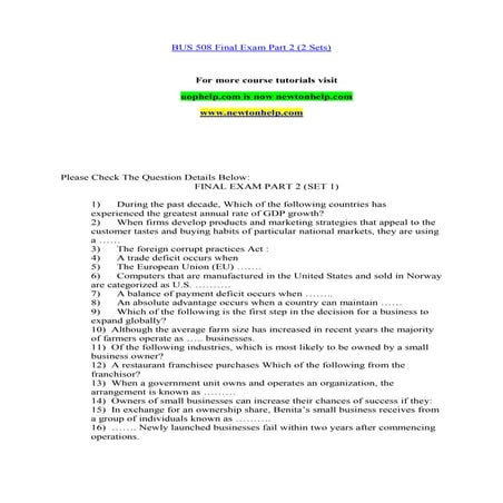Bus 508 final exam part 2 (2 sets) | PDF