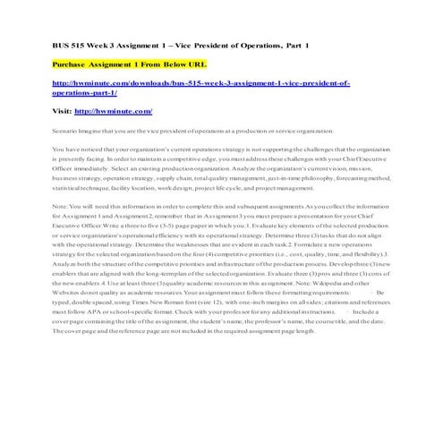 Bus 515 week 3 assignment 1 – vice president of operations, part 1 | DOCX
