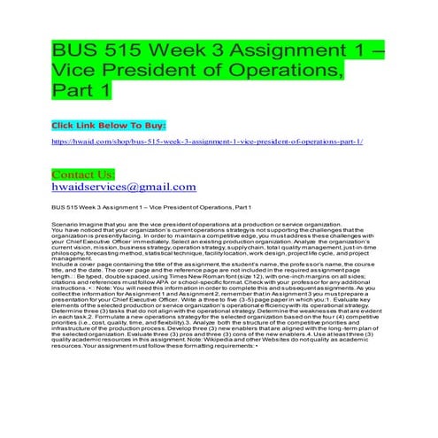 Bus 515 week 3 assignment 1 – vice president of operations, part 1 | DOCX