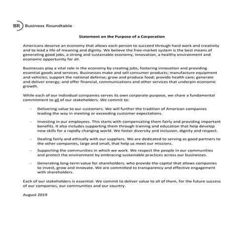 Statement on the Purpose of a Corporation. Business Roundtable | PDF
