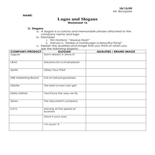 Advertising Slogans Worksheet Activity F10 Answers
