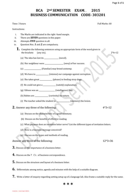 Business Communication Code 303201 Bca 2nd Semester Exam 2015 Pdf