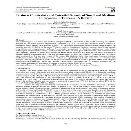 Business constraints and potential growth of small and medium enterprises in tanzania a review ...