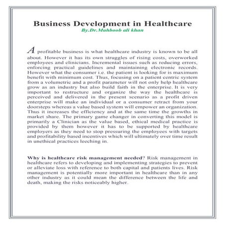 Business Development in Healthcare By.Dr.Mahboob Khan | PDF