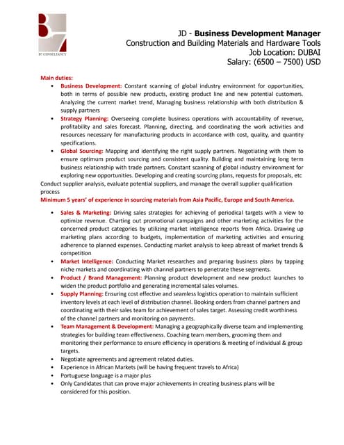 Business Development Manager Job Description Template by Bayt.com