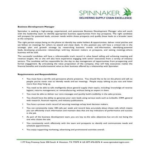 Spinnaker Business Development Manager_job posting sept2015 | PDF