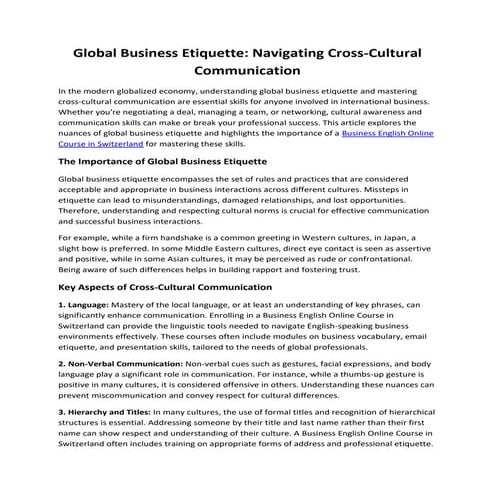Global Business Etiquette: Navigating Cross-Cultural Communication | PDF