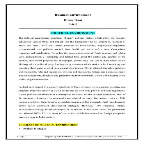 Business Environment Unit 2 For B Com Hons Semester 2 Lucknow