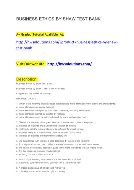 BUSINESS ETHICS BY SHAW TEST BANK | PDF | Business Banking & Finance ...