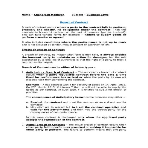 Discharge of Contract By Breach | DOCX