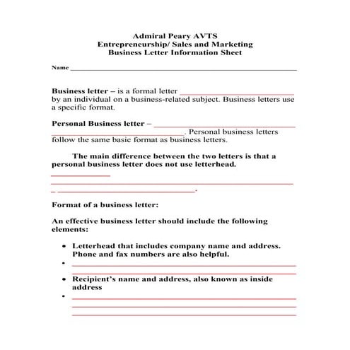Business Letter Information Sheet Student Copy | PDF