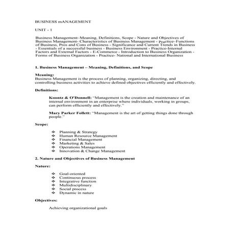 Business Management - unit 1 and 2 | DOCX