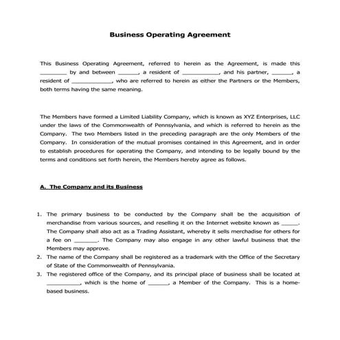 BUSINESS OPERATING AGREEMENT | PDF