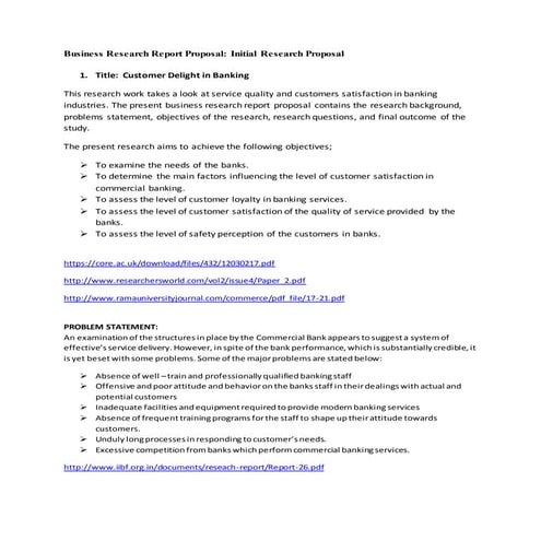 Business research report proposal customer delight in banking | DOCX