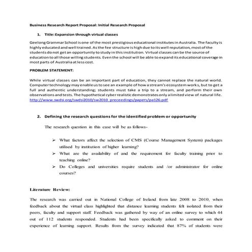 Business research report proposal expansion through virtual classes | DOCX