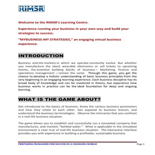 Business simulation game MY BUSINESS-MY STRATEGIES | PDF