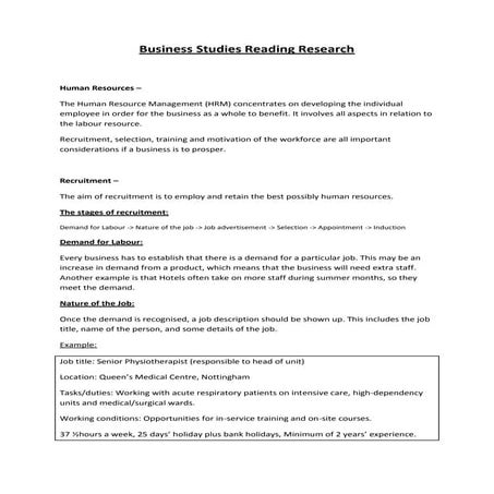 Business Studies Human Resources Research | PDF