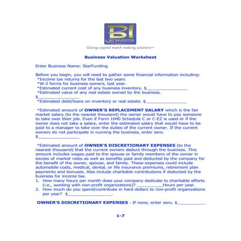 Business Valuation Worksheet | PDF
