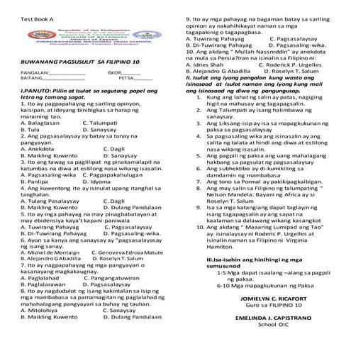 Buwanang pagsusulit sa filipino 10 | DOCX