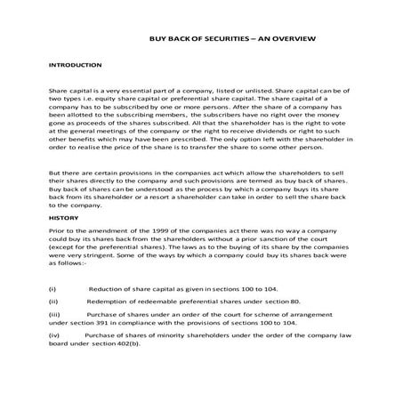 Buy back of securities | DOCX | Stocks and Bonds | Personal Investing