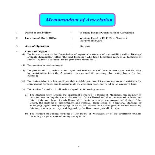 Apartment Association Byelaws Template | DOC