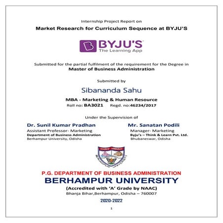 MBA Internship Project Report on Byju's by Sibananda Sahu | PDF