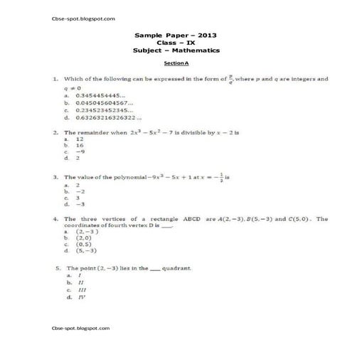 maths sample paper class 9 SA2 | DOCX