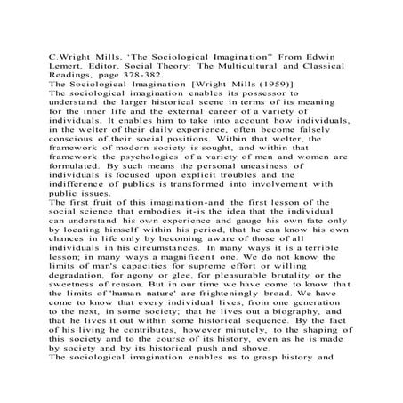 C.Wright Mills, ‘The Sociological Imagination” From Edwin Lemert, | DOCX