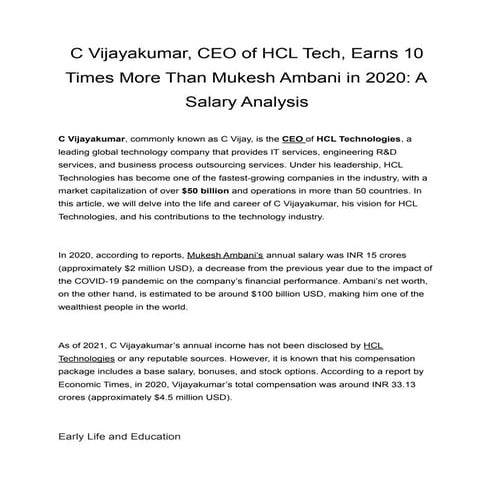 C Vijayakumar, CEO of HCL Tech, Earns 10 Times More Than Mukesh Ambani ...