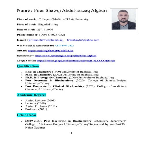 Firas Shawqi Algburi/ Academic Professor with a PhD in Biochemistry | PDF
