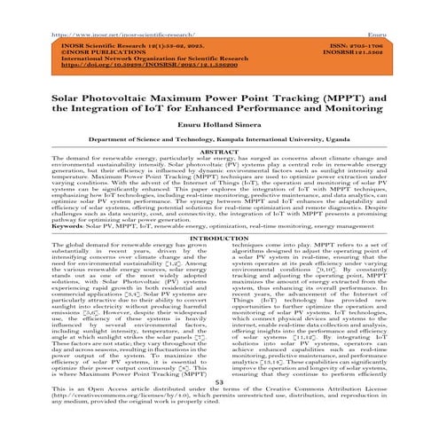 Solar Photovoltaic Maximum Power Point Tracking (MPPT) and the Integration of IoT for Enhanced ...