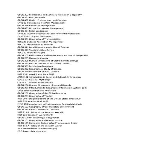 List of University Courses