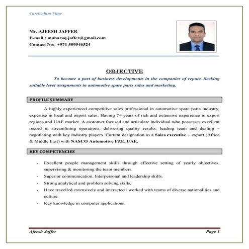 Ajeesh Jaffer- Curriculum Vitae | PDF | Sales | Business