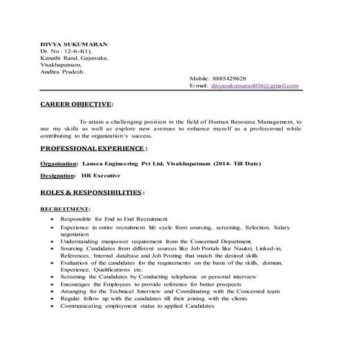 Divya REsume Hr Professional | DOCX
