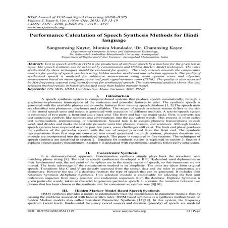 Performance Calculation of Speech Synthesis Methods for Hindi language | PDF | Digital Audio ...