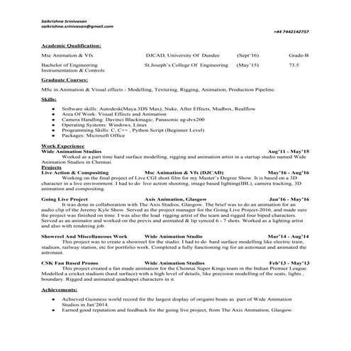 Motion Graphics animator & Visual Effects resume (1) | DOCX