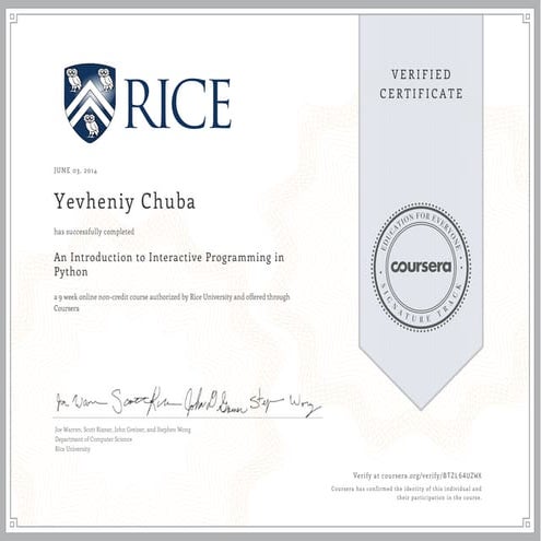 Coursera Interactive Programming Python Yevheniy Chuba 2014 Ppt